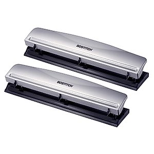 Bostitch Office Premium 3 Hole Punch, 12 Sheet Capacity, Metal, Rubber Base, Easy-Clean Tray, Silver, 2-Pack