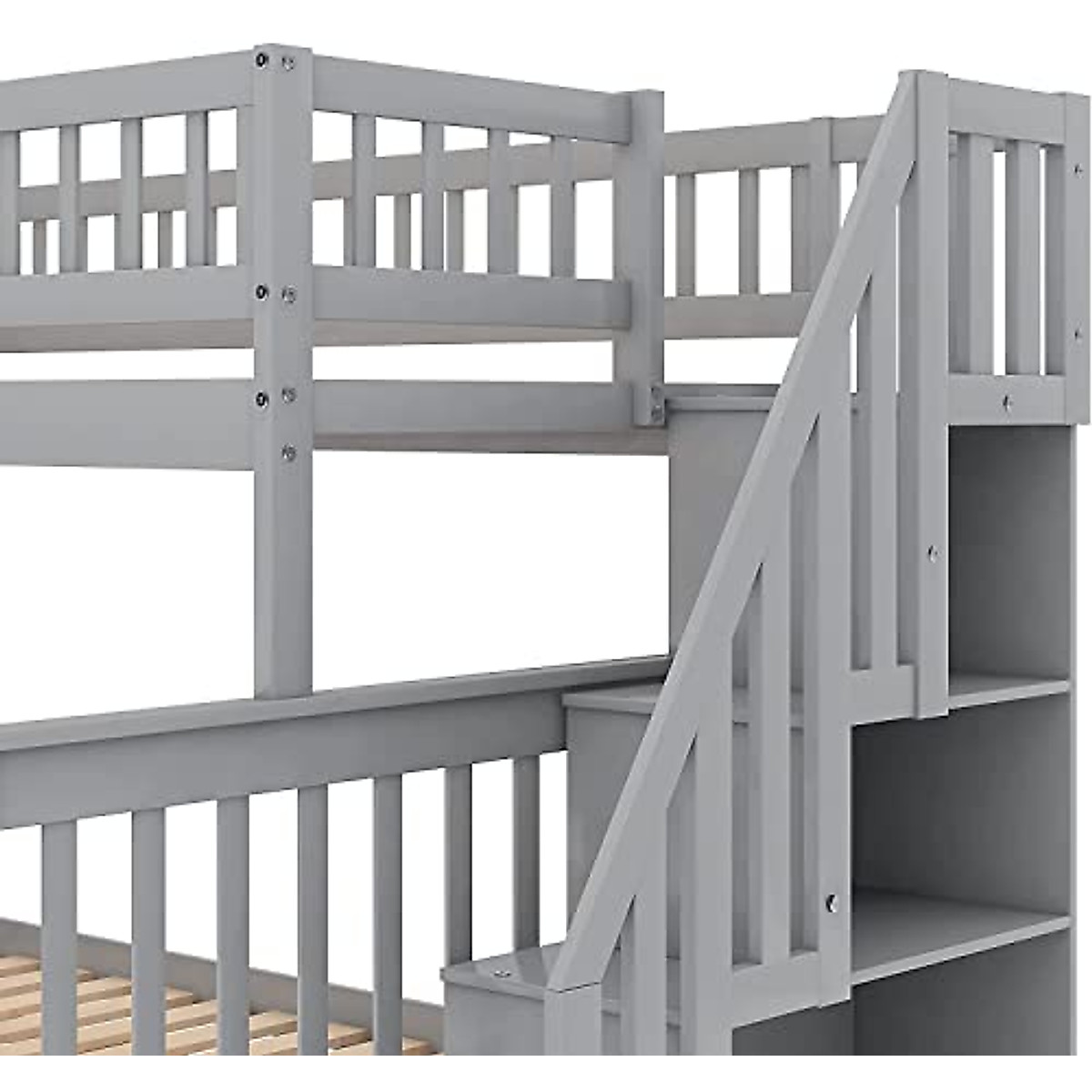 DNYN Stairway Twin-Over-Full Bunk Bed with Storage Shelves & Guardrail for Dorm,Kids Bedroom,Solid Pine Wood Bedframe,Space Saving Design & No Box Spring Needed, Grey