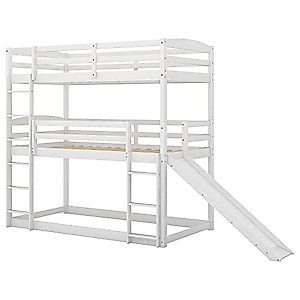 KoiHome Twin Over Twin Over Twin Adjustable Triple Bunk Bed with Slide & Two Ladders, Full-Length Guardrail & Solid Slat Support, Space-Saving for Kids Teens Bedroom, No Box Spring Needed, White
