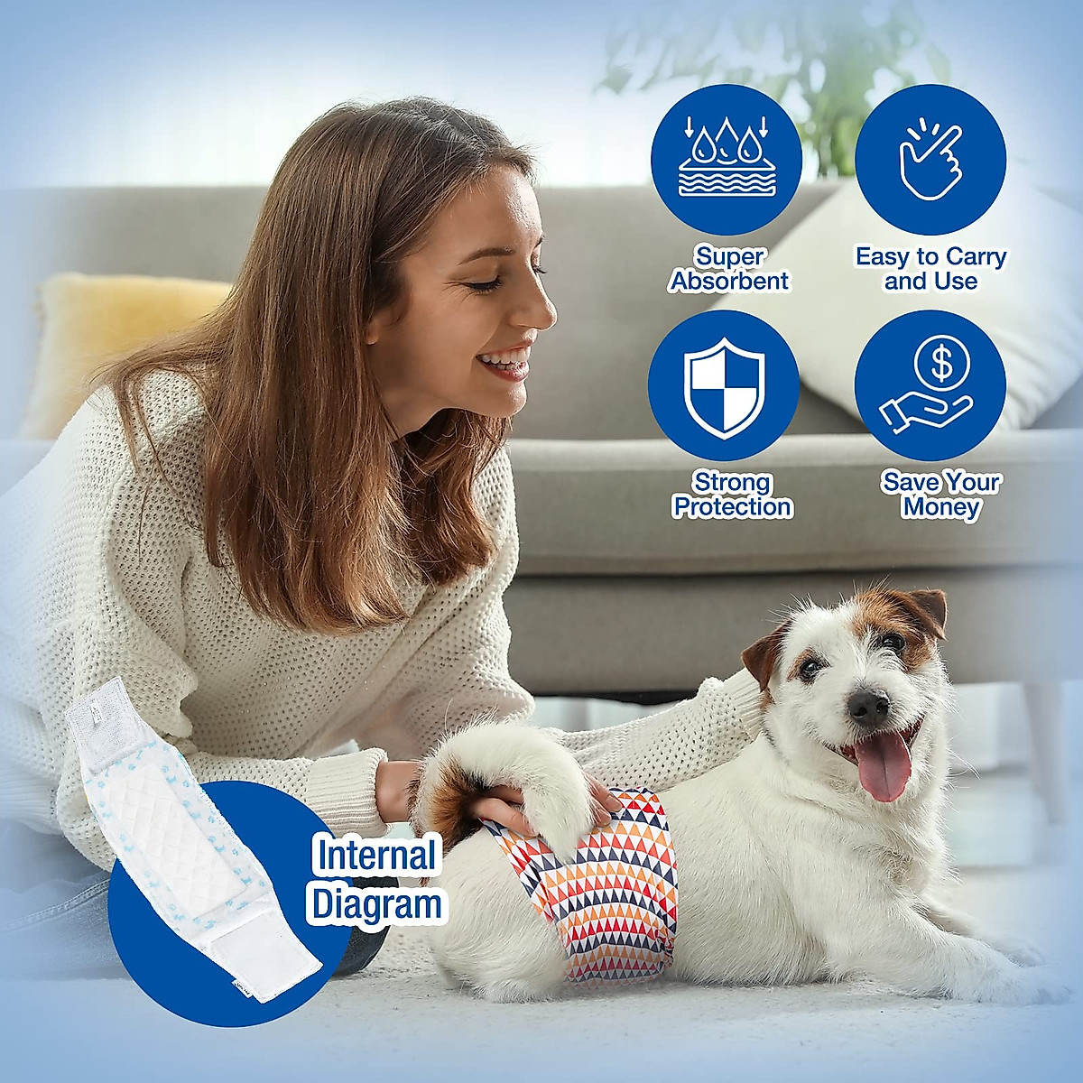 Pet Soft Disposable Dog Diaper Liners Booster Pads - Fit for Most Washable Dog Diapers & Dog Belly Bands Wraps, Ultra Absorbent for Marking, Incontinence, Female in Heat (Blue,M-50)