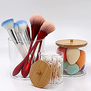 JIEQIJIAJU 2 Pack Acrylic Qtip Holders, Large Cotton Round Holder with Bamboo Lid Clear Apothecary Jars Bathroom Canister Storage for Q-Tips, Cotton Pads & Swab, Hair Ties, Makeup Brush Organizing