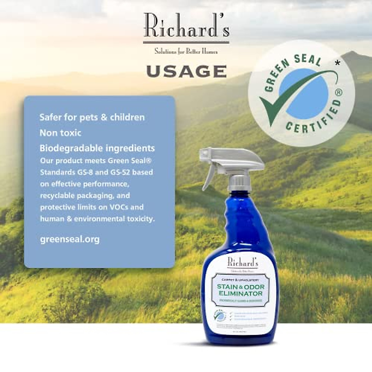 Richard’s Stain & Odor Eliminator Spray, 32 oz – Natural Stain and Pet Odor Eliminator Formula Cleans Carpet, Upholstery, Hard Floors – For Pet Stains, Crayon, Ink, Scuffs and More