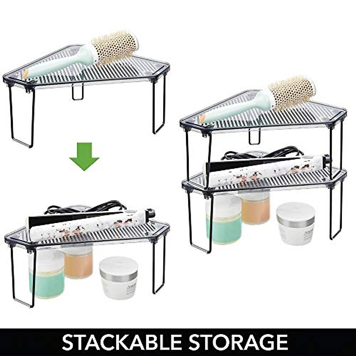 mDesign Plastic/Steel Corner Stackable Rack, Storage Organizer Shelf for Bathroom, Vanity, Countertop, Sink, Cabinet, Holds Makeup, Shower Accessories, Ligne Collection - 2 Pack - Black/Smoke Gray