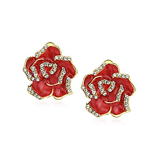 Red Enamel Flower Crystal Edge Spring Retro Floral Rose Clip On Earrings For Women Non Pierced Ears 14K Gold Plated