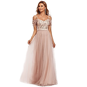 Ever-Pretty Womens Maxi Short Sleeves Straps V Neck A-line Tulle Bridesmaid Dress Rose Gold US14