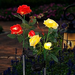 FORUP 2 Pack Solar Garden Stake Lights, Outdoor Solar Rose Flower Lights with 6 Rose Flowers, LED Rose Solar Powered Lights for Patio, Lawn, Garden, Yard Decoration (Red & Yellow)
