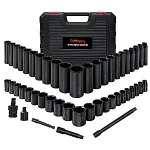 BeHappy 3/8" Impact Socket Set, 49Pcs Socket Set, Drive Impact Socket Set includes Metric (8-22mm) and SAE Socket Set (5/16"-3/4"), Deep/Standard, Cr-V, 6 Point,Extension Bars,Universal Joint,Adaptor