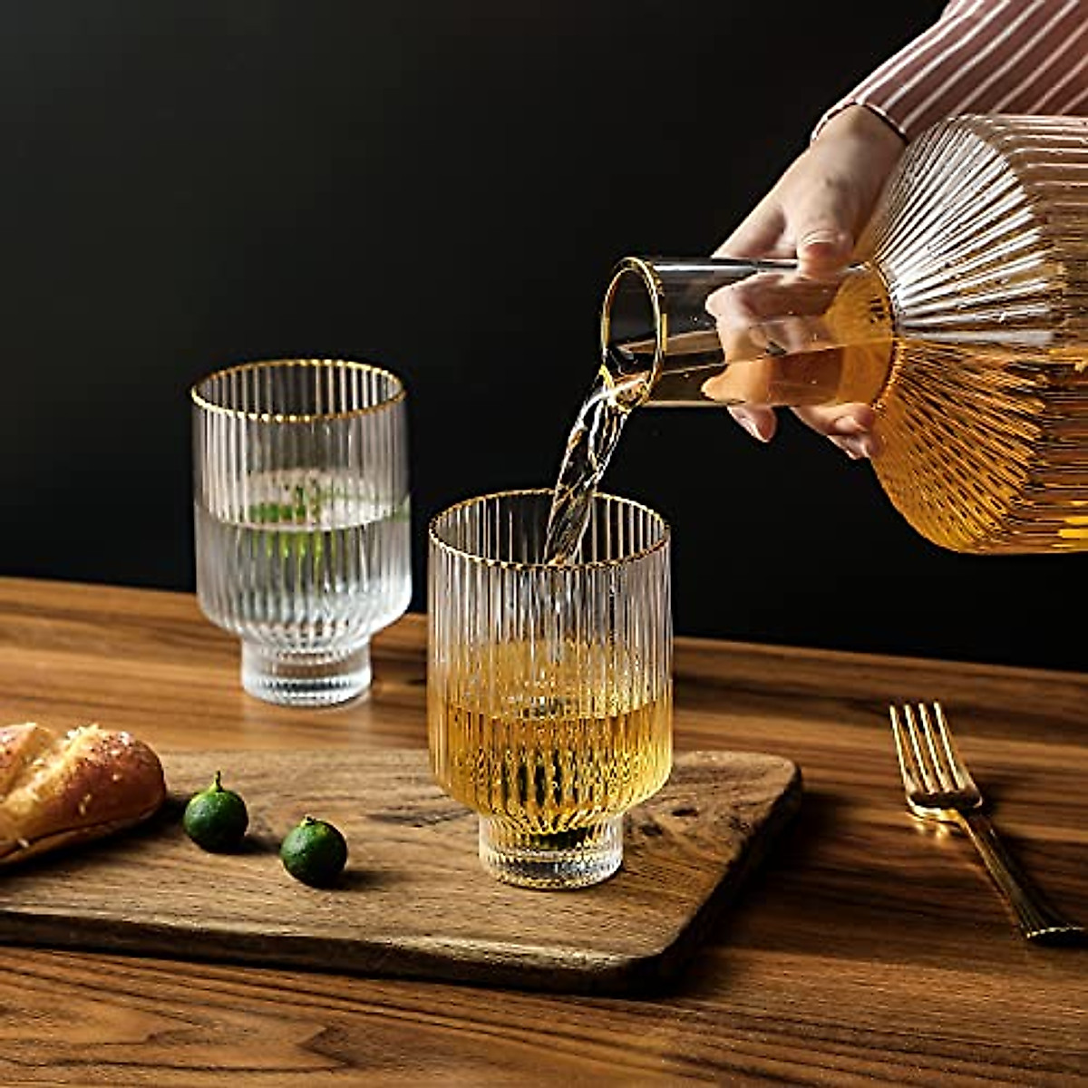 G bedside water carafe glass 1 pitcher 2 cups set for night time water decanter Carafe 59 oz Tumbler 12.5 oz night-stand table bedroom handy jug crystal clear vintage home office desk