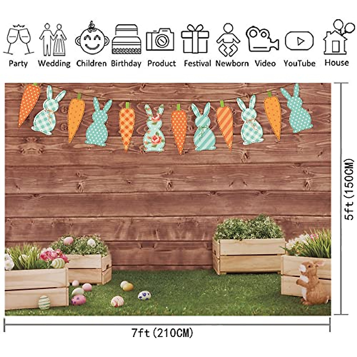 Happy Easter Backdrop Spring Rabbit Carrot Green Grass Eggs Baby Shower Backdrop Brown Wooden Wall Easter Party Decoration (7x5ft)