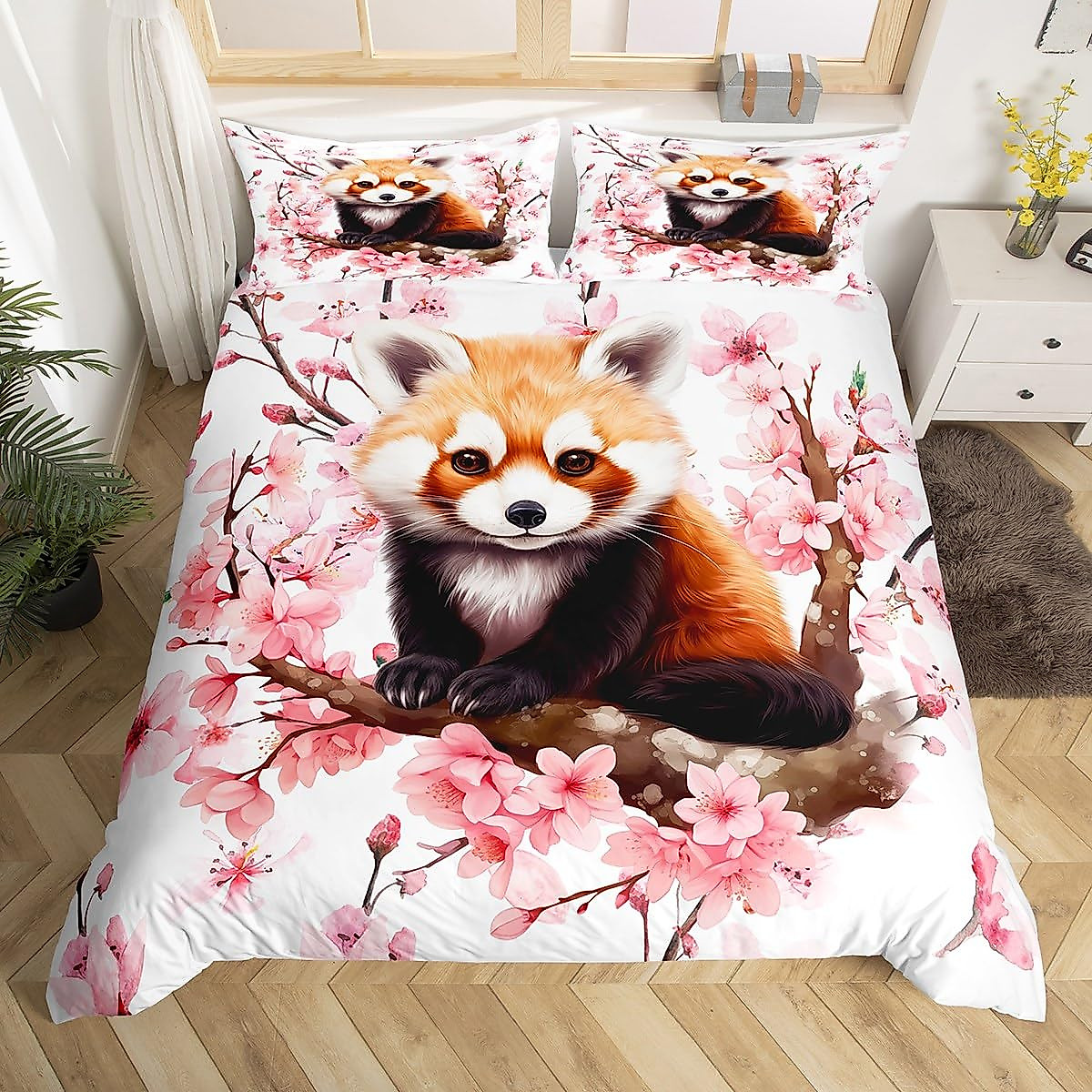 Manfei Red Panda Kawaii Bedding Set Twin Size,Pink Cherry Blossom Spring Blooming Floral Duvet Cover with 1 Pillow Comforter Cover(No Filler) for Kids,Cute Wild Animal Nature Quilt Cover Set 2 Pcs
