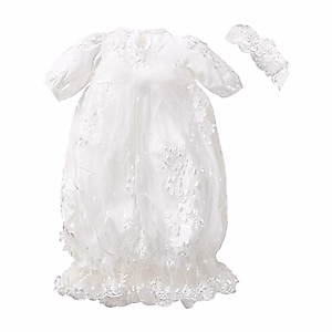 TENTIDE Baby Girl Christening Baptism Dresses White Embroidered Lace Newborn Baby Dedication Gowns with Headband 0-3 Month(Off-white, 0-3 Months)