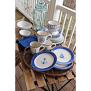 Euro Ceramica Ahoy Collection Nautical Ceramic Coffee/Tea Mugs, 13.5oz, Set of 4, Assorted Designs, Blue & White