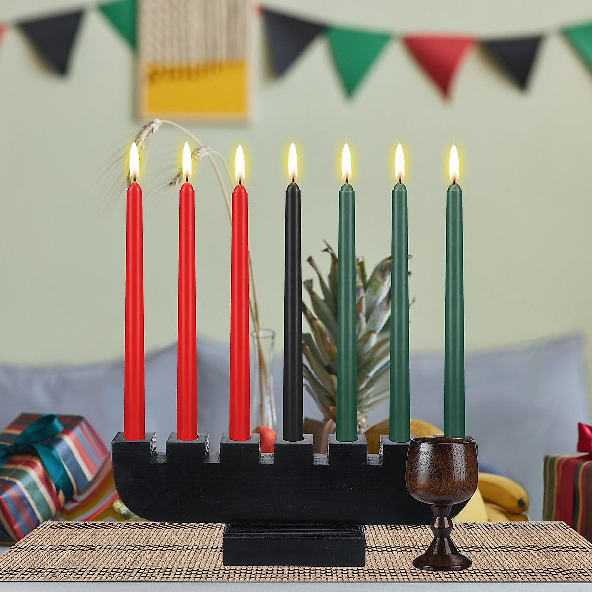 Zubebe 10 Pcs Kwanzaa Kinara Set 3 Red 3 Green 1 Black Kwanzaa Candles Set Black Kwanzaa Kinara Bamboo Table Mat Kwanzaa Candle Holder Wooden Wine Goblet for Kwanzaa Celebration Decoration