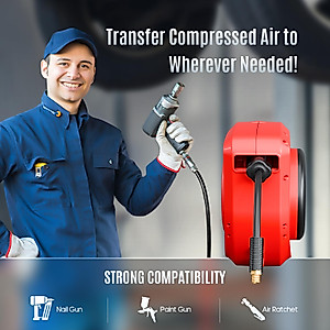 Hancaner Retractable Air Hose Reel, 1/4" x 50 FT Hybrid Air Hose Max 350 PSI, Air Compressor Hose Reel with 5 FT Lead in, 180° Swivel Mount