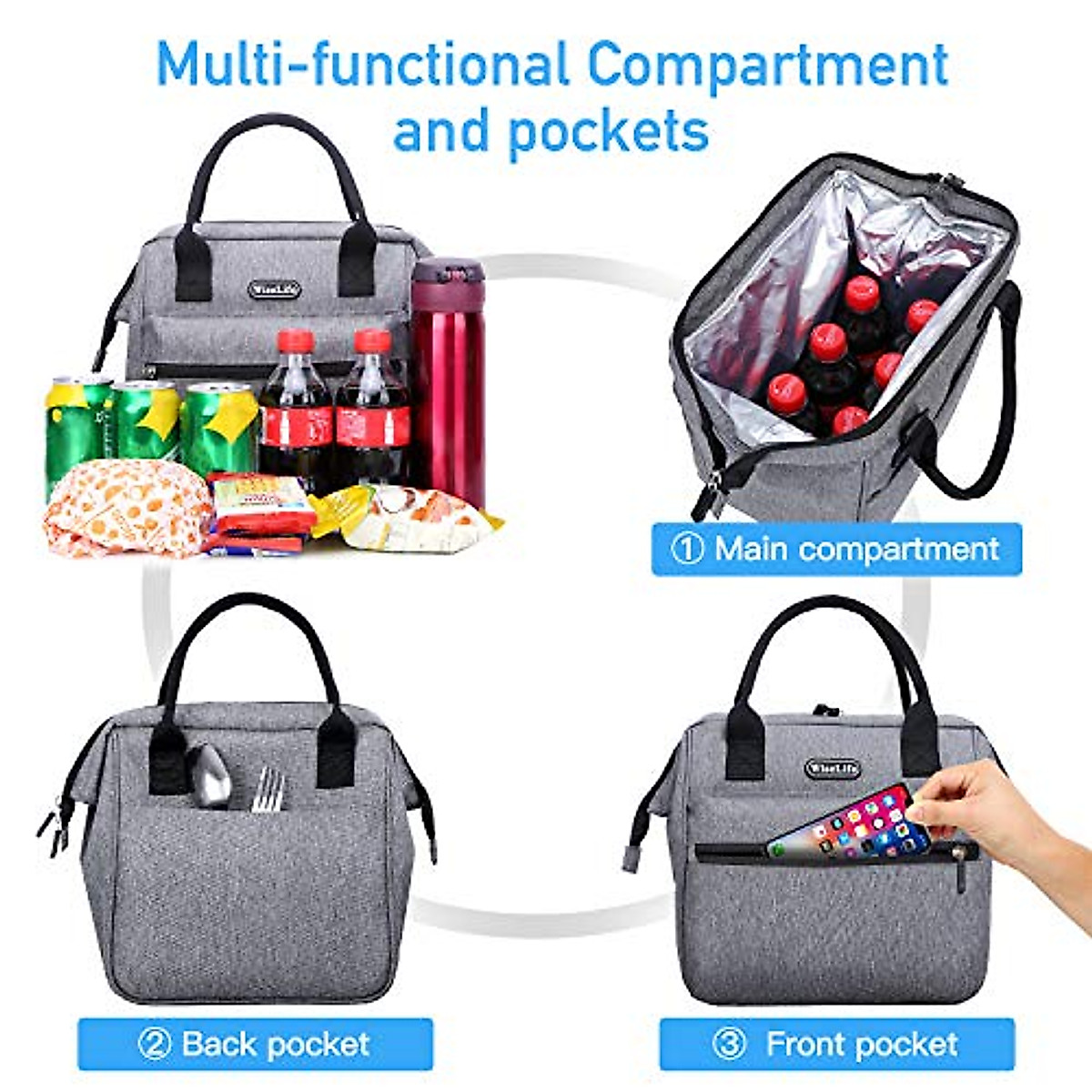 WISELIFE Insulated Lunch Bag for Men Women Adult Lunch Box Cooler with Adjustable Shoulder Strap Waterproof Leak proof Large Wide-Open Thermal Lunch Tote Bag for Work School Picnic Camping