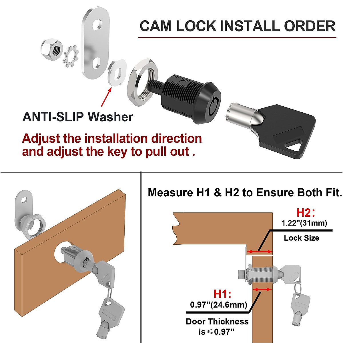 BOZXYE 1 Pack Cabinet Locks with Keys, 1-1/8" Tubular Cam Locks keyed Alike, RV Lock for Storage Door Cabinets Drawer Mail Box Tool Box Lock, Zinc Alloy