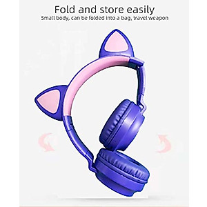 Asmi Bluetooth Headphones, Wireless Cat Ear Headphones LED Light Up Wireless Headphones Over Ear, Foldable & Lightweight Stereo Wireless Headset for Travel Work TV PC Cellphone (Purple)