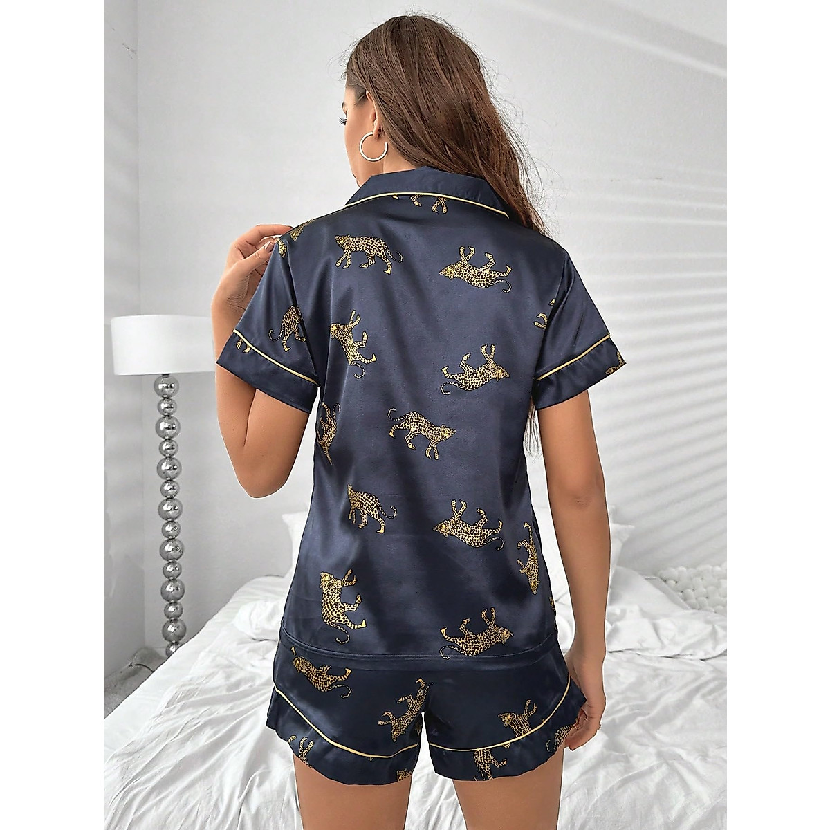 SweatyRocks Women's Short Sleeve Sleepwear Button Down Satin 2 Piece Pajama Set Black Leopard S