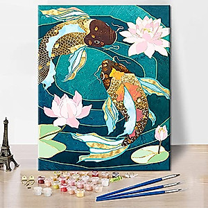 TISHIRON DIY Oil Painting Abstract Koi Paint by Numbers Lotus Kits for Adults Trippy Gold Fish Adult Number Animal on Canvas Wall Decor Living Room, - 16''x20''
