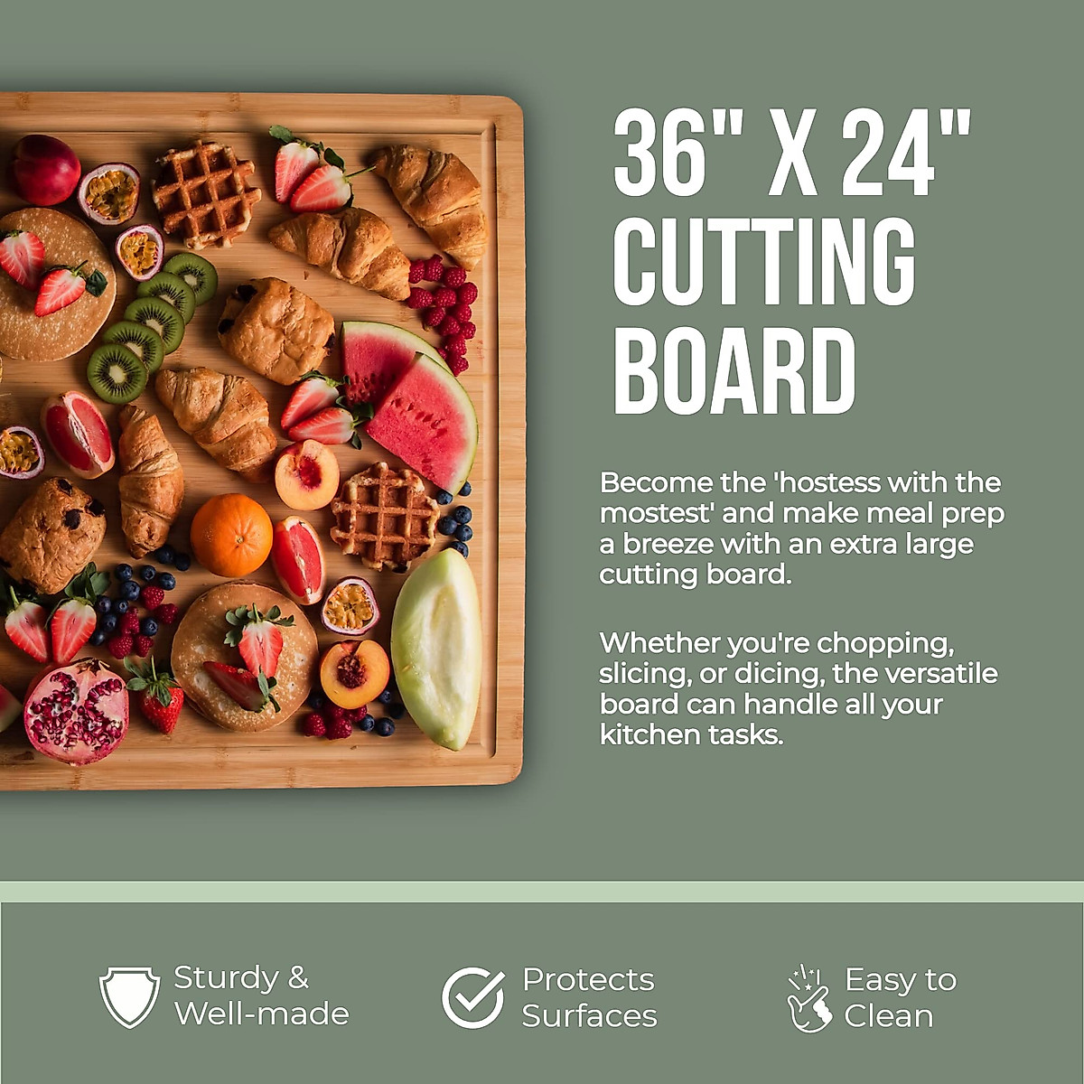 Gigantic Extra Large Cutting Board for Kitchen 36 X 24 by Grizzly Living - Heavy Duty Bamboo Chopping Boards for Meat, Veg & Charcuterie - Large Wooden Noodle Board for Stove Top & Countertop