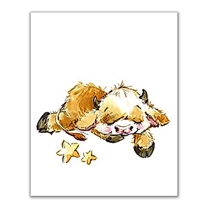 Watercolor Cartoon Cow Nursery Prints - Set of 4 (8x10) Inches Glossy Handpainted Cattle Taurus Dairy Livestock Bovinae Cute Farm Barn Holstein Kid's Baby Bedroom Wall Art Decor