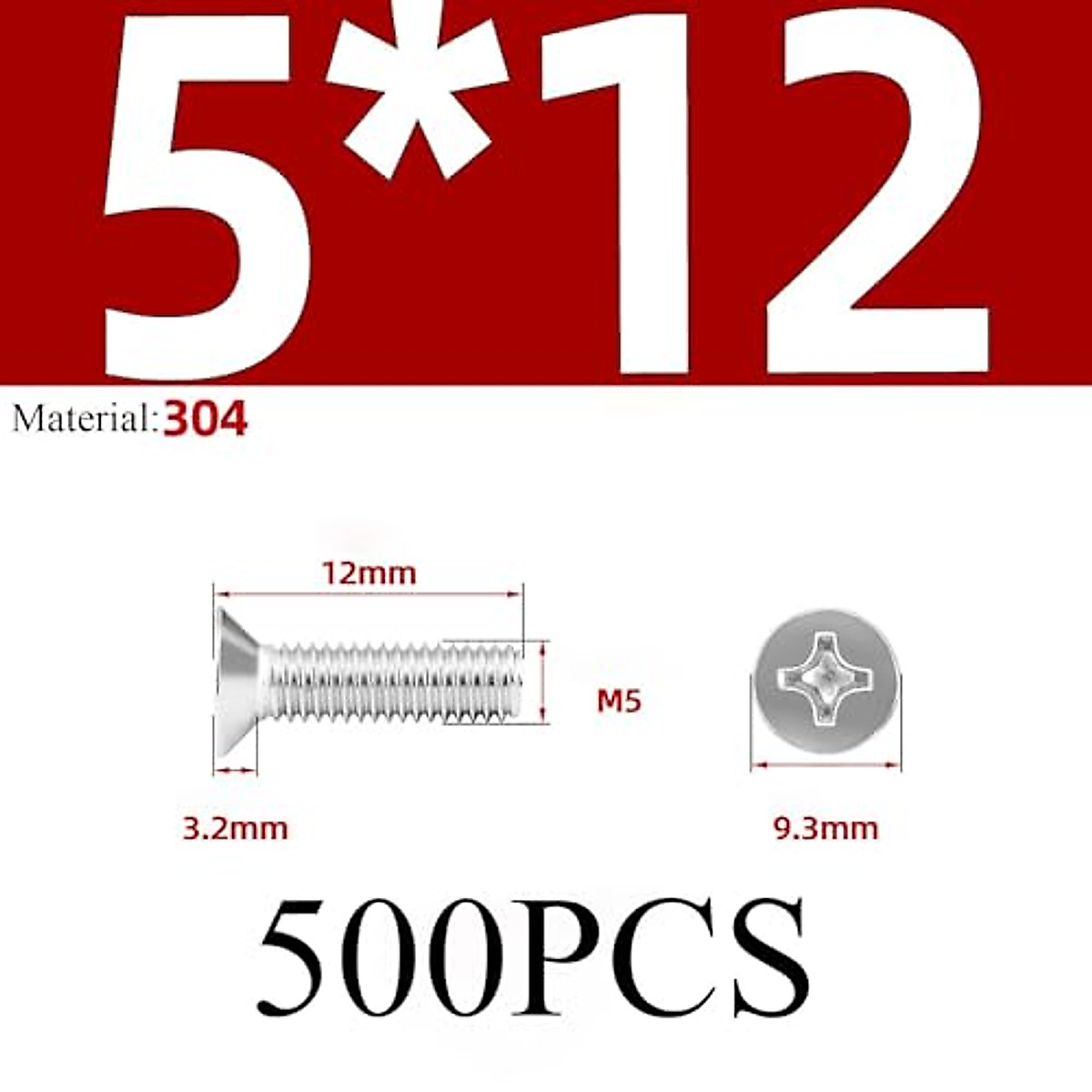 COYOUCO 500 PCS M5 X 6/8/10/12 Mm Flat Countersunk Head Machine Screws, Phillips Drive, 304 Stainless Steel, Full Thread,M5*12 500