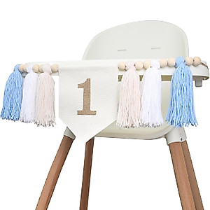 HGFC Embroidery Tassel High Chair Banner - Wood Bead Tassel 1st Birthday Banner - Sky Theme First Birthday Party Decoration - Birthday Baby Boys Tassel Garland - Birthday Cake Smash Backdrop Banner