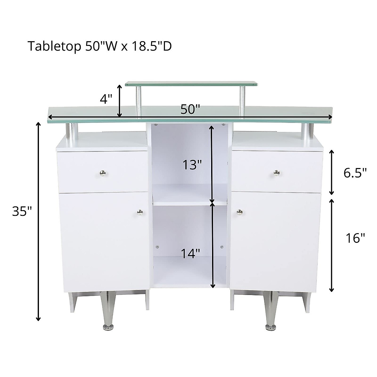 DERMALOGIC Glasglow I Reception Desk with Glass Top, Office Restaurant Beauty Salon Furniture, White 50" L x 19" W