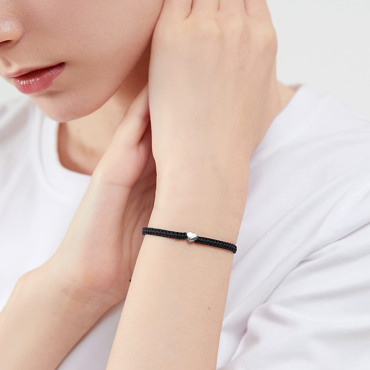 ZENI Heart Bracelet for Women girl, Black Rope Bracelet 925 Silver Handmade Braid Adjustable Bracelet Love Friendship Christmas Bracelet Gifts for Women Girls