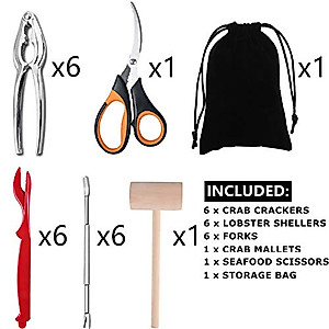 Artcome 21 Pcs Seafood Tools Set Nut Cracker Set includes 6 Crab Crackers, 6 Forks, 6 Lobster Shellers, 1 Lobster Crab Mallets, 1 Seafood Scissors and Storage Bag