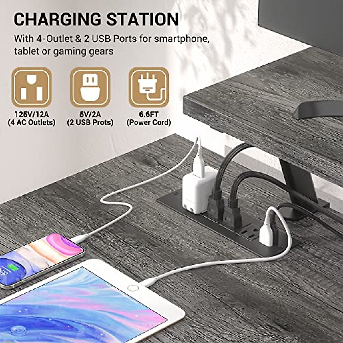 Unikito L-Shaped Desk with Power Outlet and LED Strip, L Shaped Computer Corner Desk with Reversible File Drawer and Monitor Stand, Gaming Table Writing Desk for Home Office Workstation, Black Oak