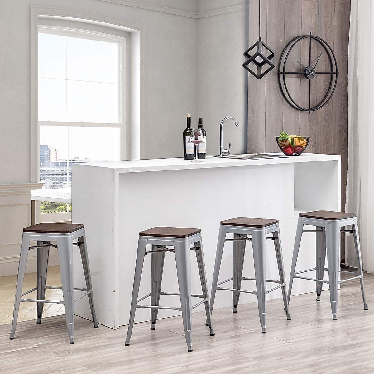 Alunaune 24" Metal Counter Height Bar Stools Set of 4 Industrial Backless Kitchen Patio Counter Stool Stackable Barstools Wood Top- 24inch, Silver