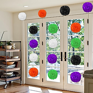 mortd 20 PCS Halloween Paper Tissue Honeycomb Balls, 6” Black White Orange Purple Green Tissue Paper Pom Poms Decorations with Glue for Halloween Bulletin Board School Wall Decorations