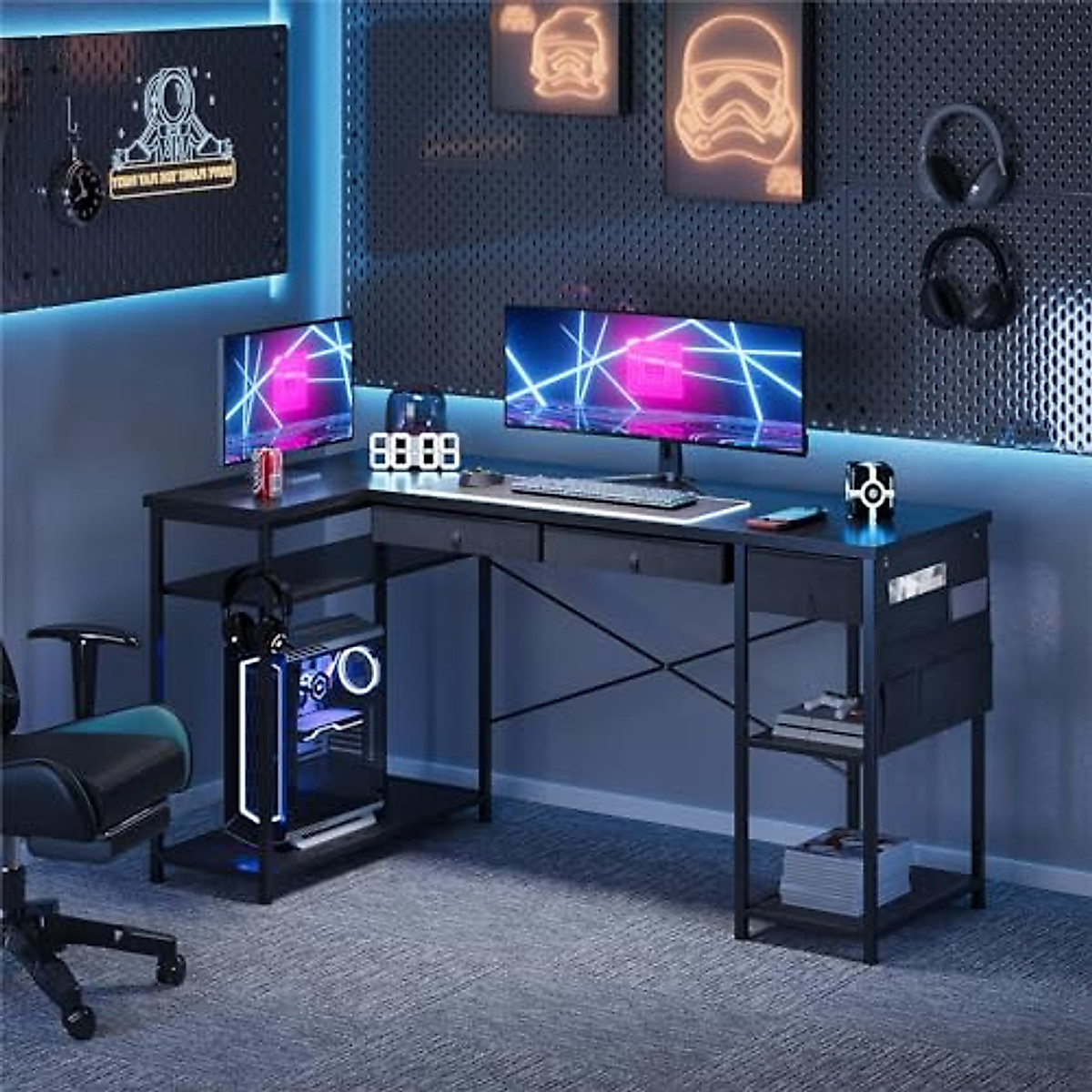 Ｍａｉｈａｉｌ Maihail Home Office Desk with Drawers and Shelves, 55” Computer Corner Desk for Small Space, Small L Shaped Desk with Side Storage for Bedroom, Black