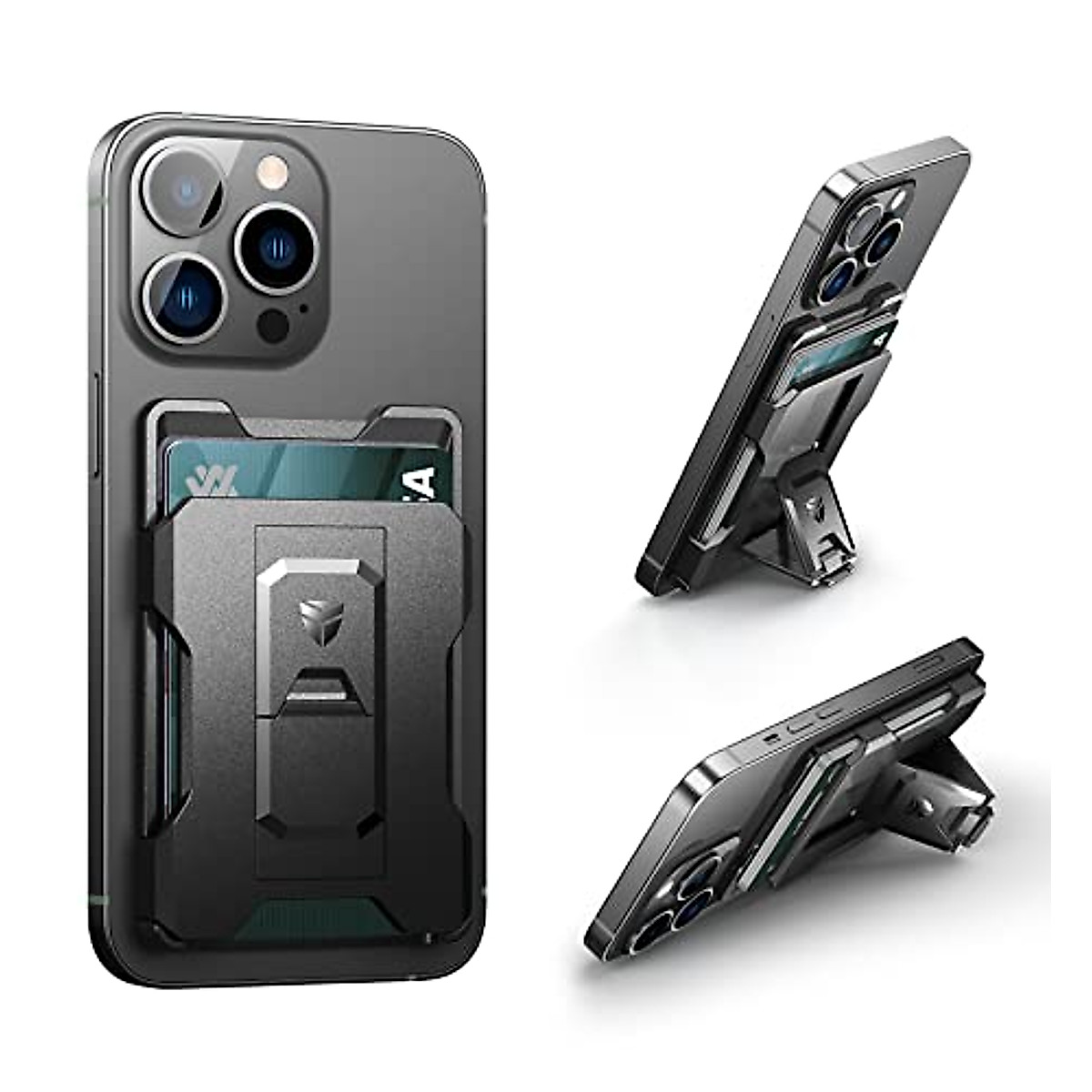 Dexnor Phone Card Holder with Foldable Back Stand, Adhesive Phone Wallet Pouch Sleeve Stick on PC Credit Card ID Case with Finger Grip Kickstand for Most Smartphones (Black)