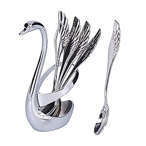 Creative Dinnerware Set, Decorative Swan Base Holder with 5 Forks or 5 Spoons for Coffee, Fruit,Dessert, Zinc Alloy Tableware Mirror Polished Spoon Fork Set (5 Spoons)
