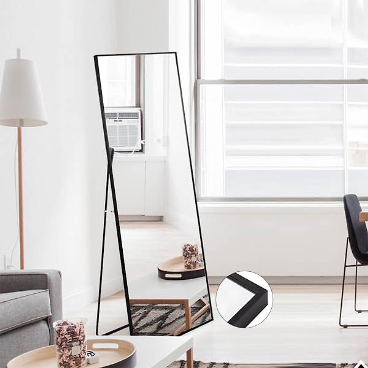 Black Full Length Floor Mirror with Stand for Bedroom and Bathroom Large Wall Hanging Mirror with Shatterproof for Living Room and Closet Aluminum Alloy Frame, Big Size, Free Standing, Gym Mirror