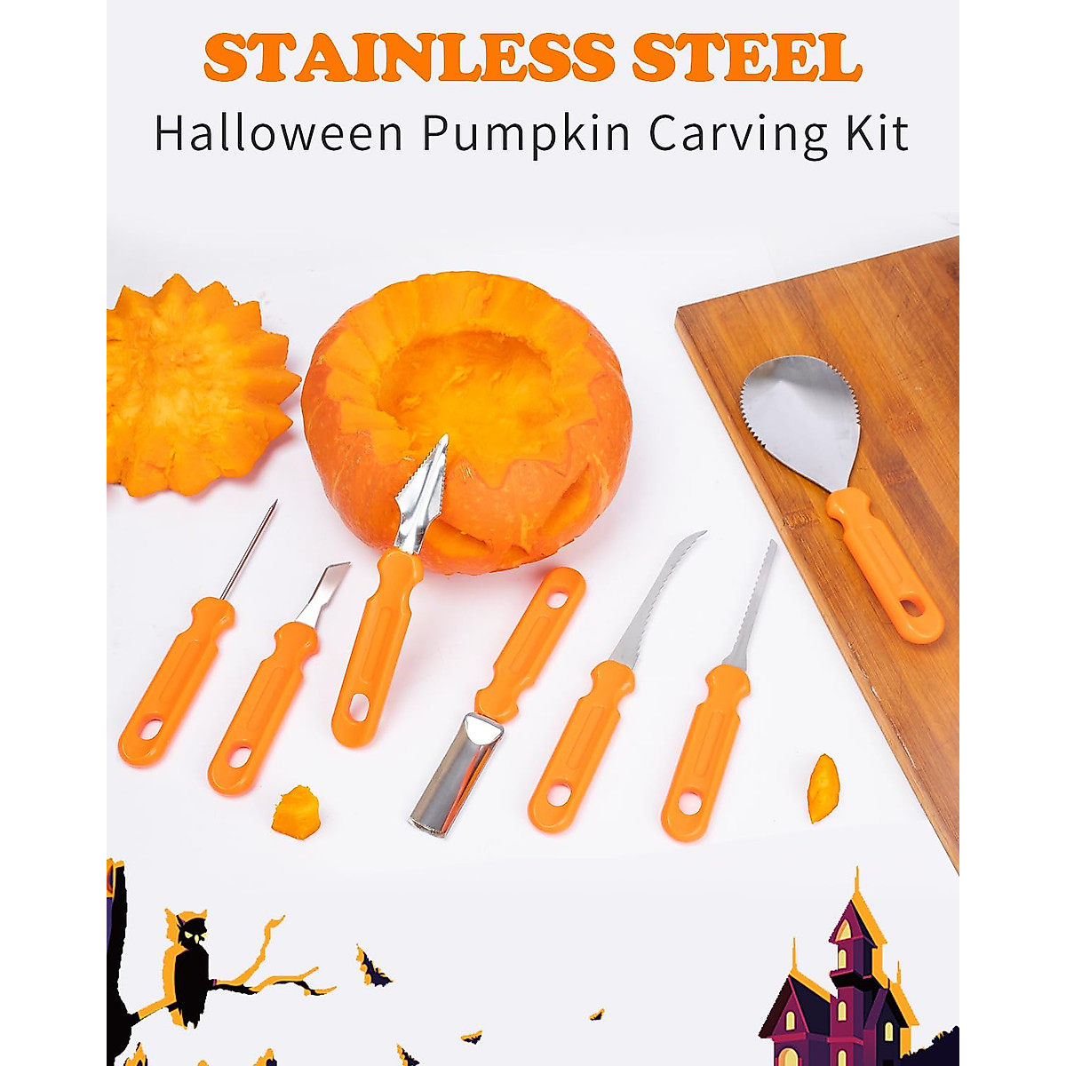 Halloween Pumpkin Carving Tools Kit, Professional and Heavy Duty Stainless Steel Pumpkin Cutter Knife Saw Scoop Tools Set for Kids or Adults, 7Pcs Carving Set for Halloween Decoration Jack-O-Lanterns