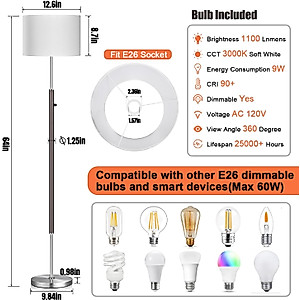 【Upgraded】 Dimmable Floor Lamp for Living Room, 1100 Lumens LED Edison Bulb Included, Simple Standing Lamp with Linen Lamp Shade, Modern Tall Lamp for Living Room Bedroom Office Dining Room Dorm