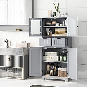 Giantex Bathroom Floor Storage Cabinet - Freestanding Cabinet with 2 Glass Doors, 2 Drawers & Adjustable Shelves, Multifunctional 50.5” Tall Storage Organizer Cupboard for Kitchen, Living Room (Gray)
