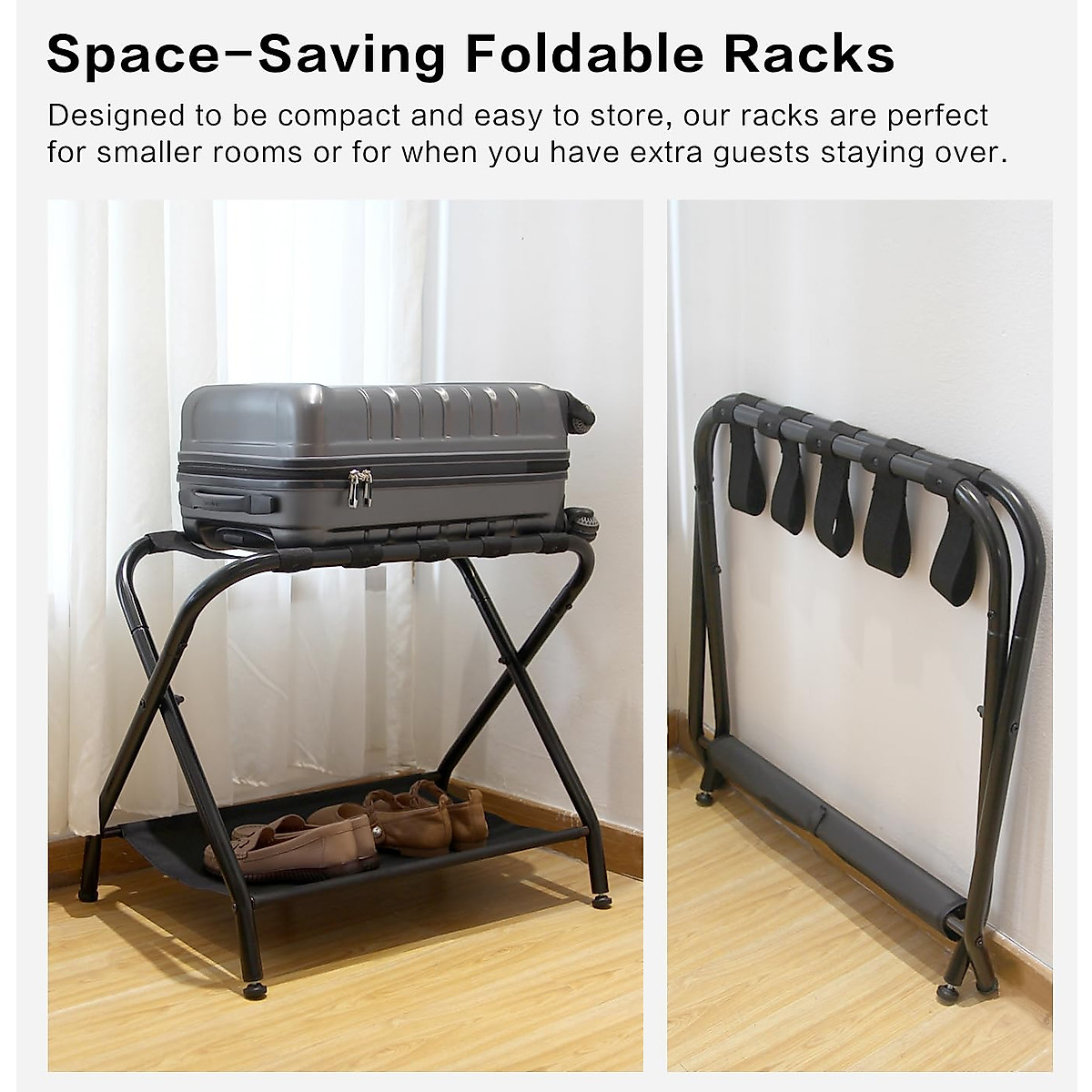 Yuihochic Luggage Rack, Pack of 2, Suitcase Stand with Fabric Storage Shelf, for Guest Room,Bedroom,Hotel, Foldable Painted Steel Frame (Black+Package Quantity 2)