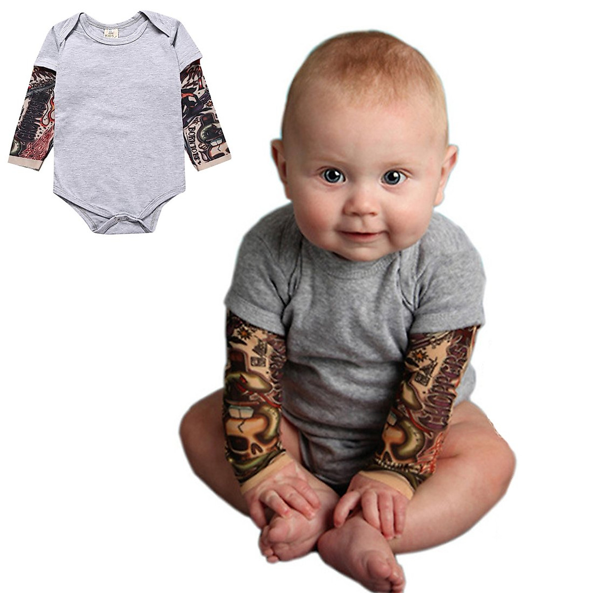PAUBOLI Fake Tattoo Sleeve T-Shirt Baby Bodysuit Cool Bike Party Custome(3-6month, Gray)