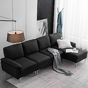 Reversible Sectional Sofa L-Shaped Deep Seated 4-Seater Modern Linen Sofa Couch with Chaise Lounge Iron Feet Indoor Modular Sofa for Living Room (Black)