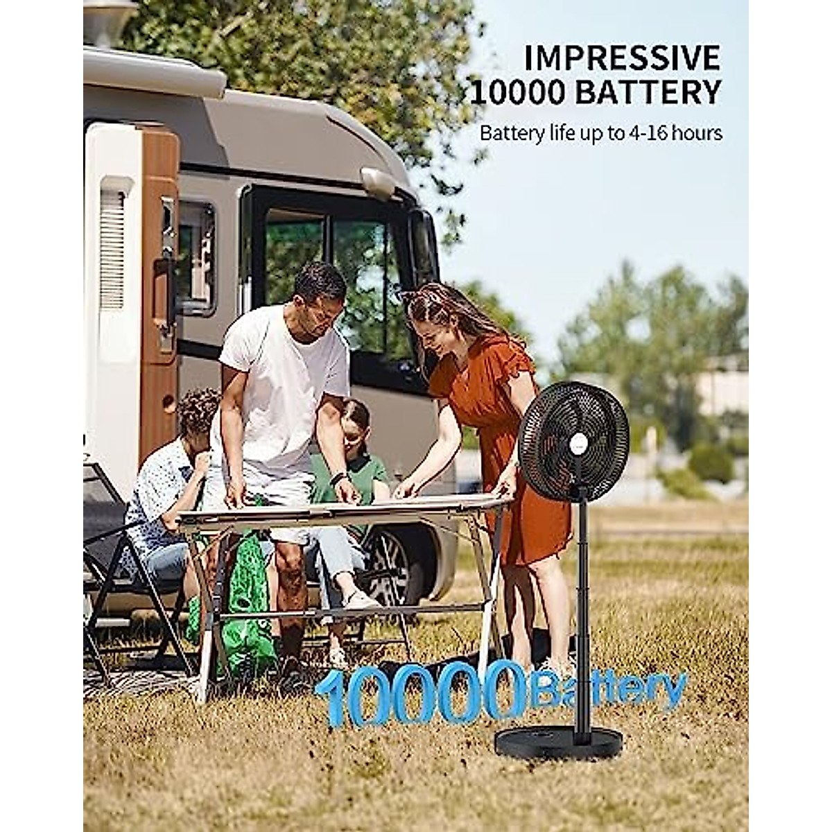 EasyAcc 12'' Portable Foldable Oscillating Standing Fan, Remote Control Rechargeable Fans for Home,10000 Battery Operated Fan with Adjustable Height, 8 Speed, Timer, Quiet Fan for Bedroom Camping