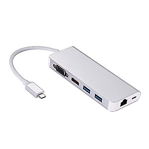 PANUSBGHUB USB 3.0 Hubs 6 in 1 Type C Hub Type-C to HDMI VGA RJ45 Dual USB3.0 PD Charging Port Adapter Cable Converter for Laptop MacBook(Silver) (Color : Black)