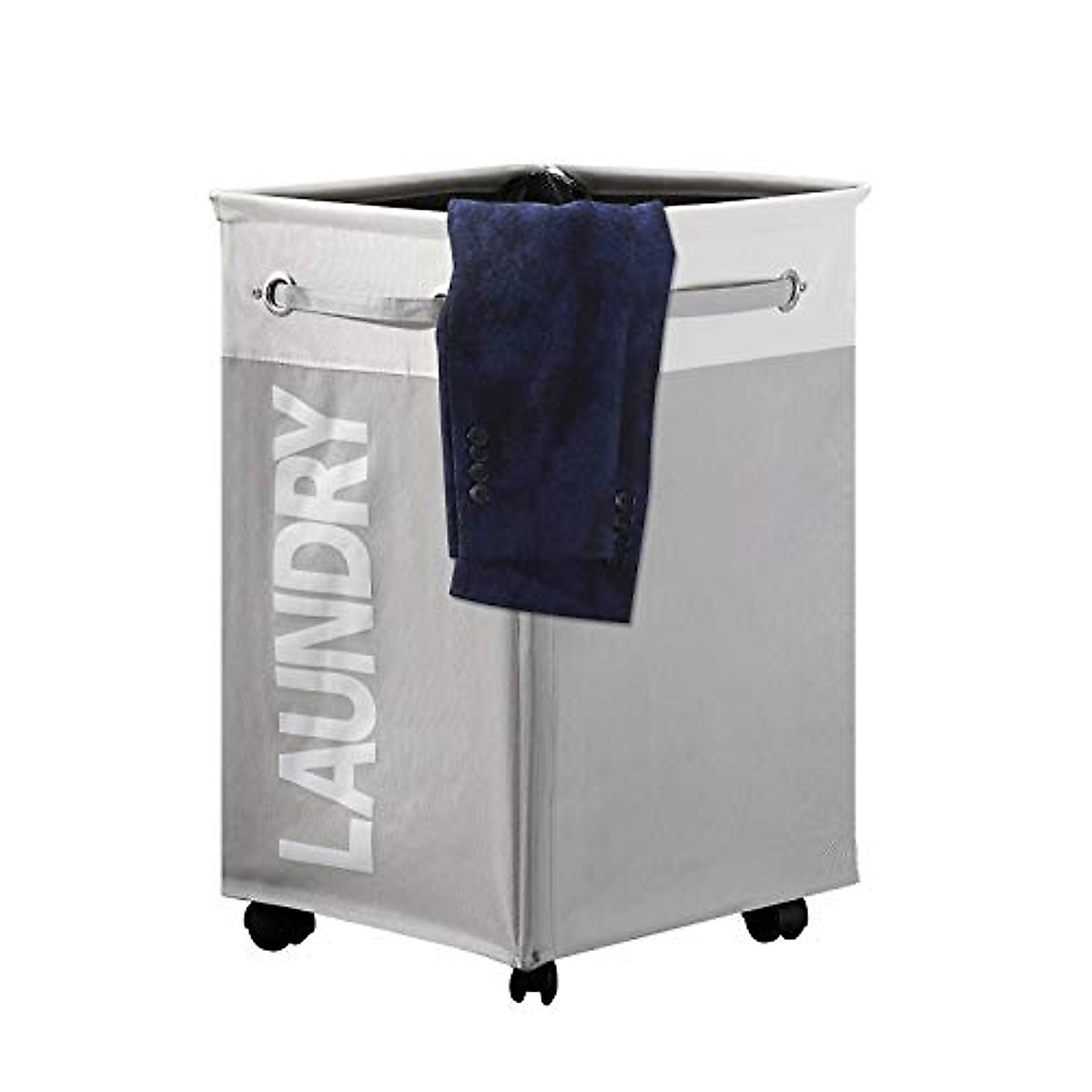 23" Wheeled Laundry Hamper Large Collapsible with Breathable Cover Heavy Duty Laundry Sorter Dirty Clothes Organizer Bin Waterproof Foldable Laundry Basket Rolling Extra Large Bag (White + Light Gray)