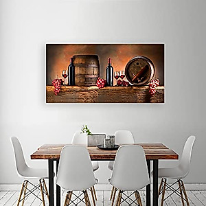Muolunna BK06250 Wall Art Canvas Print Fruit Grape Red Wine with Bottle Barrel Painting on Canvas Stretched and Framed Ready to Hang for Home Decor Living Room Bedroom Kitchen Office Artwork