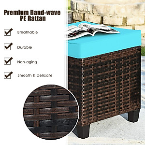 ORALNER Set of 2 Outdoor Ottoman, 16" Wicker Footstools, All-Weather Rattan Cube Foot Stool w/Removable Cushions, Square Footrest Extra Seating for Patio, Porch, Deck, Easy Assembly (Turquoise)