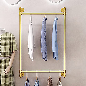 MaiRHK Metal Industrial Pipe Clothing Garment Rack Wall Mounted Heavy Duty Closet Storage Rod Vintage Commercial Clothes Racks for Hallway Retail Boutique (Gold)