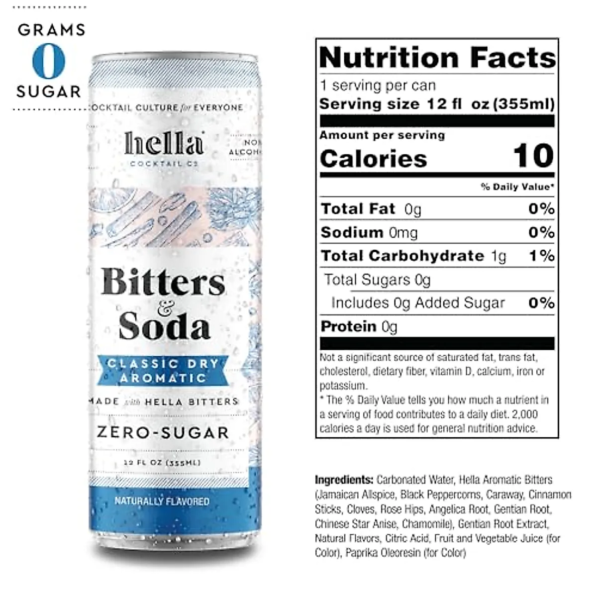 Hella Cocktail Co. Bitters & Soda Classic Dry Aromatic - 12oz Cans, 12 Pack I Aromatic, Botanical and Herbal Non-Alcoholic Drinks, Sugar-Free, Ready-to-Drink Mocktails